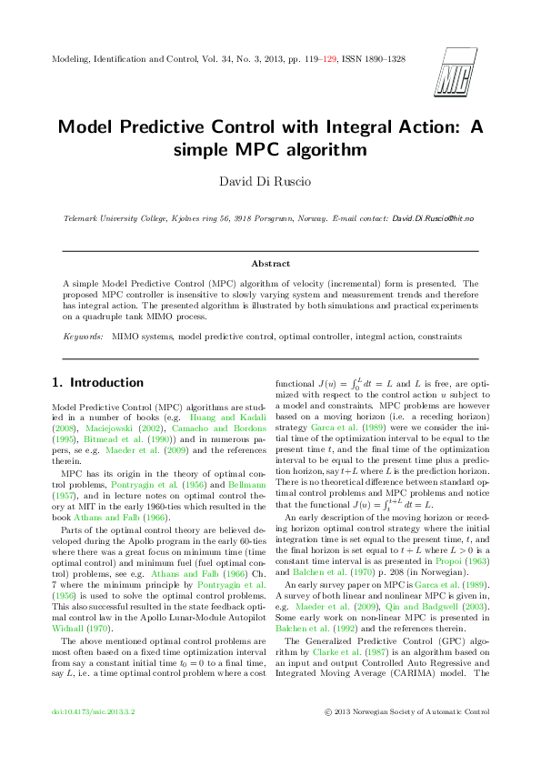 (PDF) Integral Action in Simple MPC Algorithm
