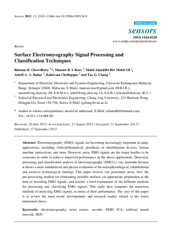 (PDF) Surface Electromyography Signal Processing and Classification Techniques