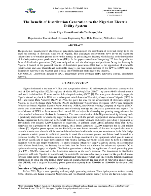 (PDF) The Benefit of Distribution Generation to the Nigerian Electric Utility System