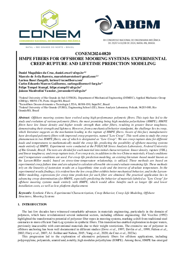 (PDF) HMPE Fibers for Offshore Mooring Systems: Experimental Creep ...