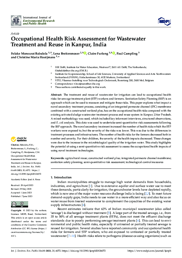 (PDF) Occupational Health Risk Assessment for Wastewater Treatment and Reuse in Kanpur, India