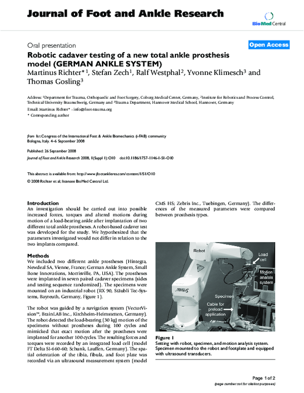 (PDF) Robotic cadaver testing of a new total ankle prosthesis model ...