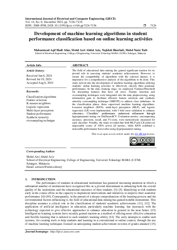 (PDF) Development of machine learning algorithms in student performance classification based on ...