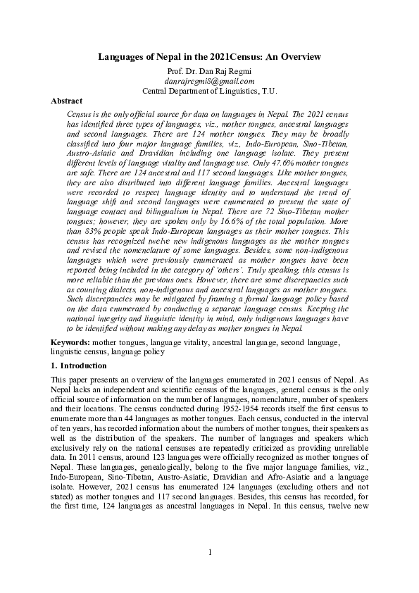 (PDF) LANGUAGES OF NEPAL IN THE 2021 CENSUS AN OVERVIEW