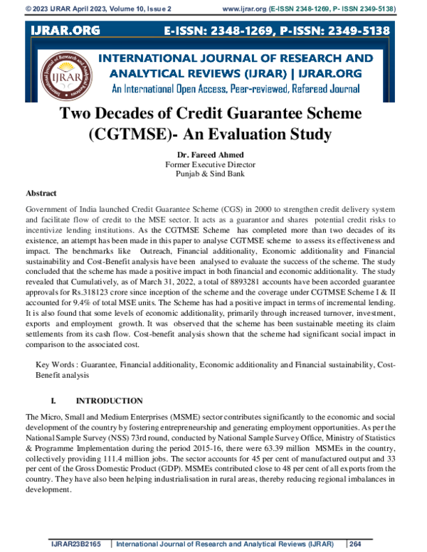(PDF) Two Decades of Credit Guarantee scheme-An Evaluation Study