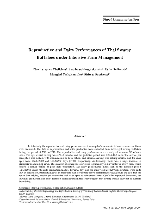 (PDF) Reproductive and Dairy Performances of Thai Swamp Buffaloes under Intensive Farm Management