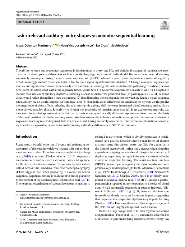(PDF) Task-irrelevant auditory metre shapes visuomotor sequential learning | Ian Cross ...