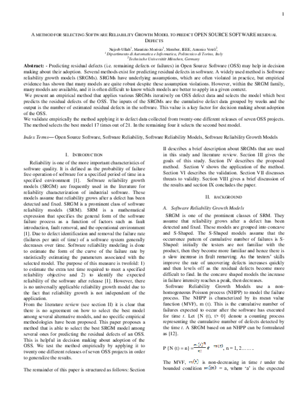 (PDF) Selecting the Best Reliability Model to Predict Residual Defects in Open Source Software
