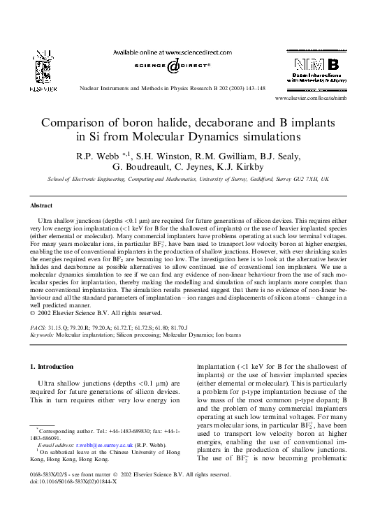(PDF) Comparison of boron halide, decaborane and B implants in Si from ...