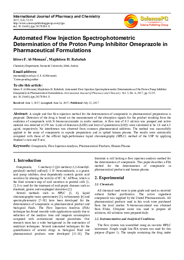 Pdf Automated Flow Injection Spectrophotometric Determination Of The Proton Pump Inhibitor