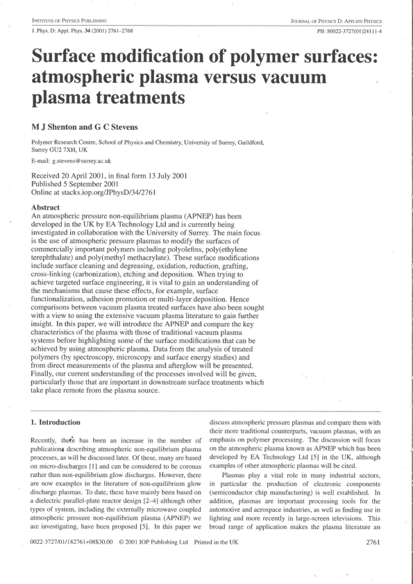 (PDF) Surface modification of polymer surfaces: atmospheric plasma versus vacuum plasma treatments