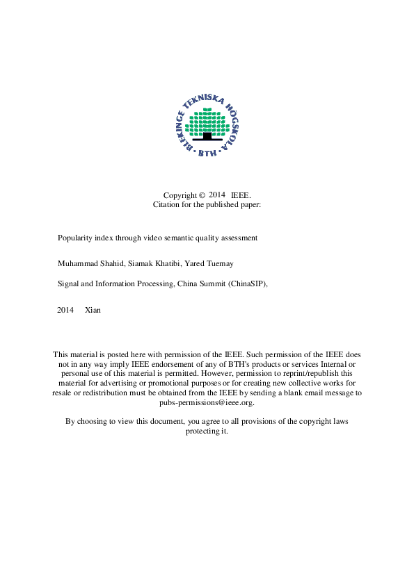 (PDF) Popularity index through video semantic quality assessment