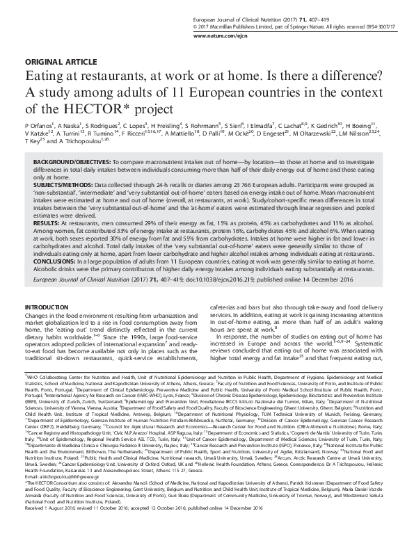 (PDF) Eating at restaurants, at work or at home. Is there a difference? A study among adults of ...