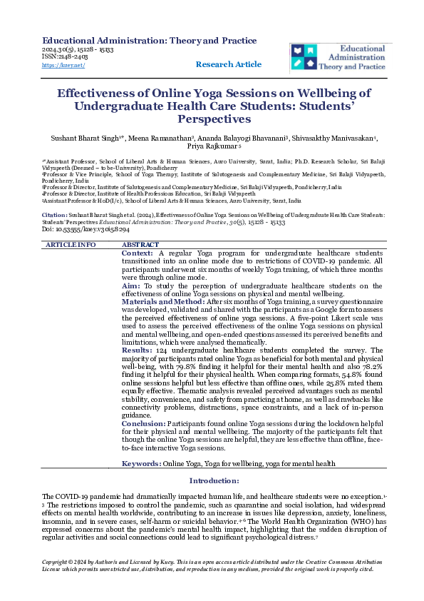 (PDF) Effectiveness of Online Yoga Sessions on Wellbeing of ...