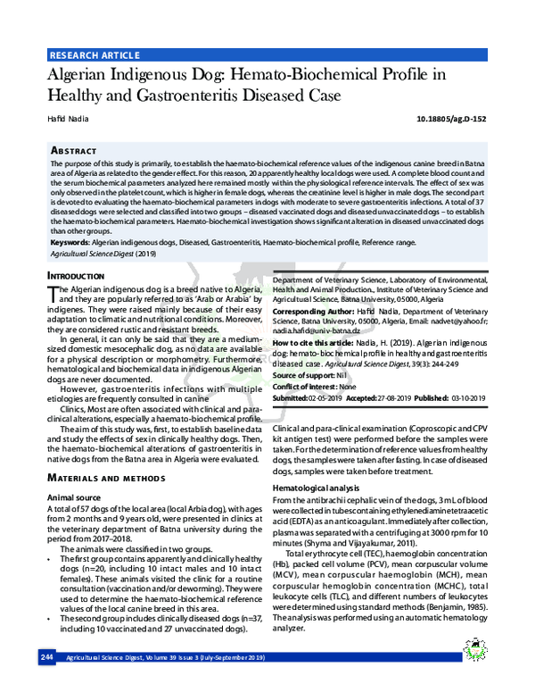 (PDF) Algerian Indigenous Dog: Hemato-biochemical Profile in Healthy ...