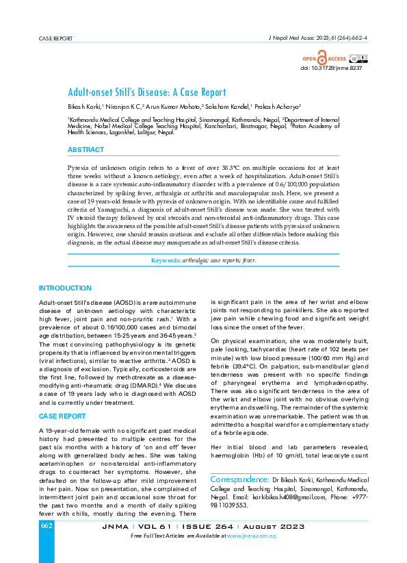 (PDF) Adult-onset Still’s Disease: A Case Report | Dr. Arun Mahato ...