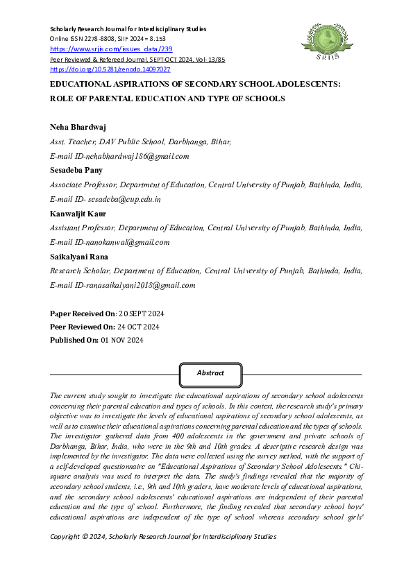 (PDF) EDUCATIONAL ASPIRATIONS OF SECONDARY SCHOOL ADOLESCENTS: ROLE OF ...