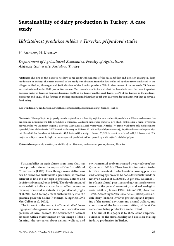 (PDF) Sustainability of dairy production in Turkey: A case study