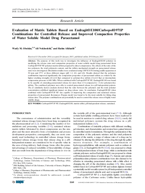 (PDF) Evaluation of Matrix Tablets Based on Eudragit®E100/Carbopol®971P ...