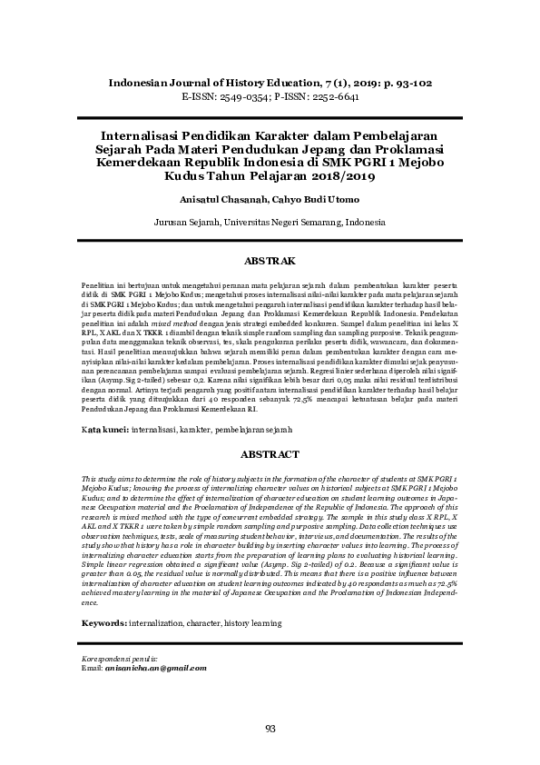 (PDF) Internalisasi Pendidikan Karakter dalam Pembelajaran Sejarah Pada Materi Pendudukan Jepang ...