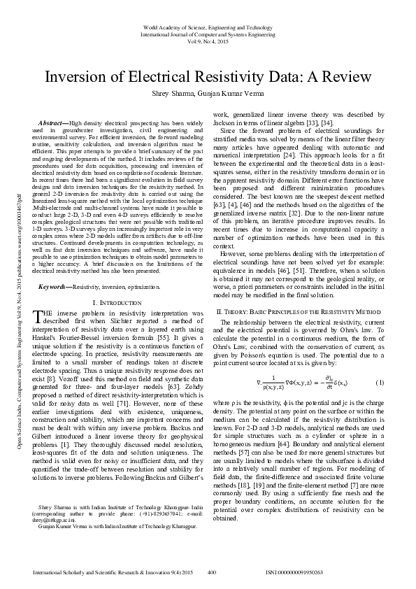 (PDF) Inversion Of Electrical Resistivity Data: A Review
