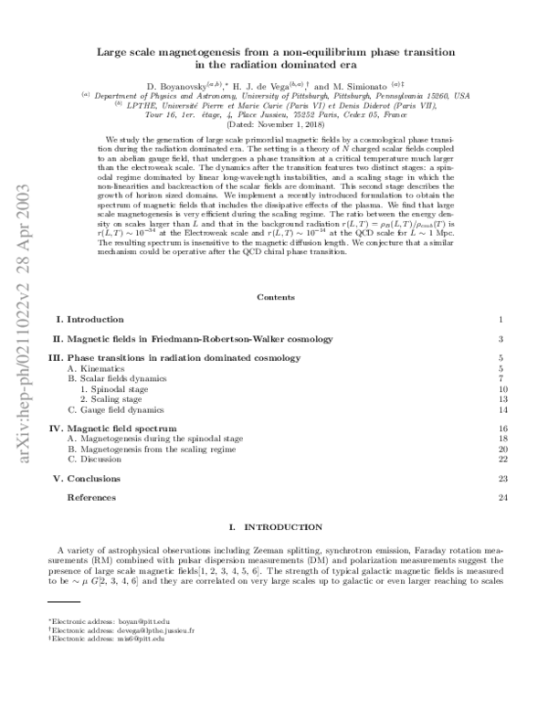 (PDF) Large scale magnetogenesis from a nonequilibrium phase transition in the radiation ...