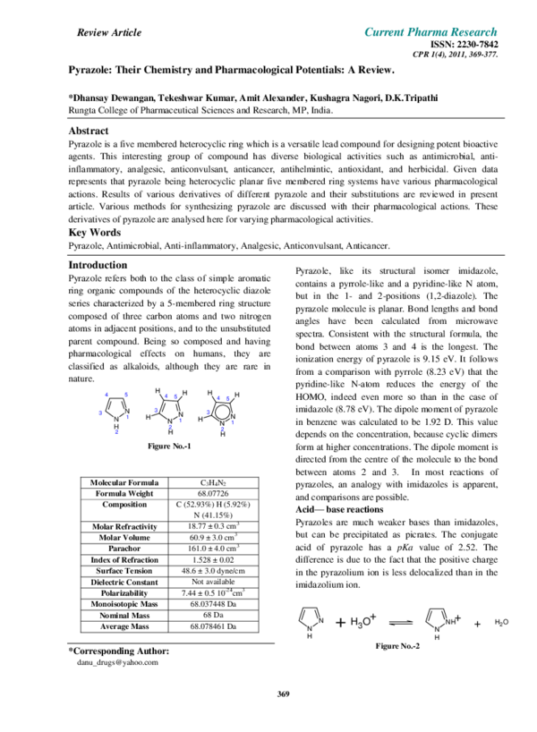 (PDF) Pyrazole: Their Chemistry and Pharmacological Potentials: A Review