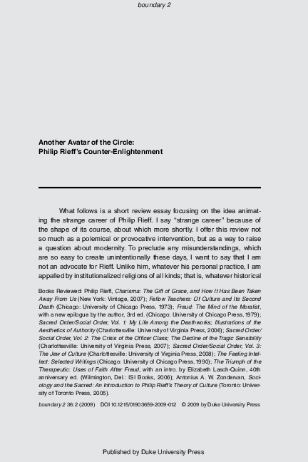 (PDF) Another Avatar of the Circle: Philip Rieff's Counter-Enlightenment