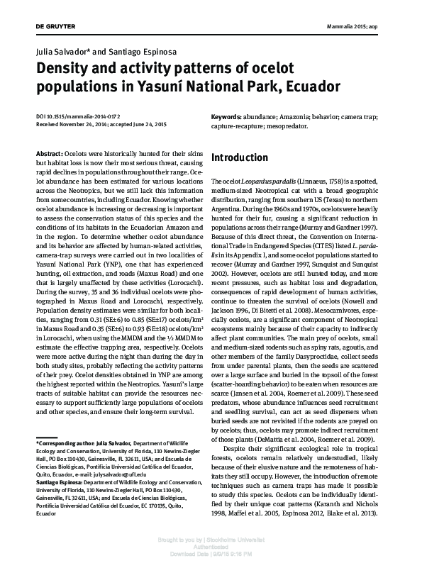 (PDF) Density and activity patterns of ocelot populations in Yasuní ...