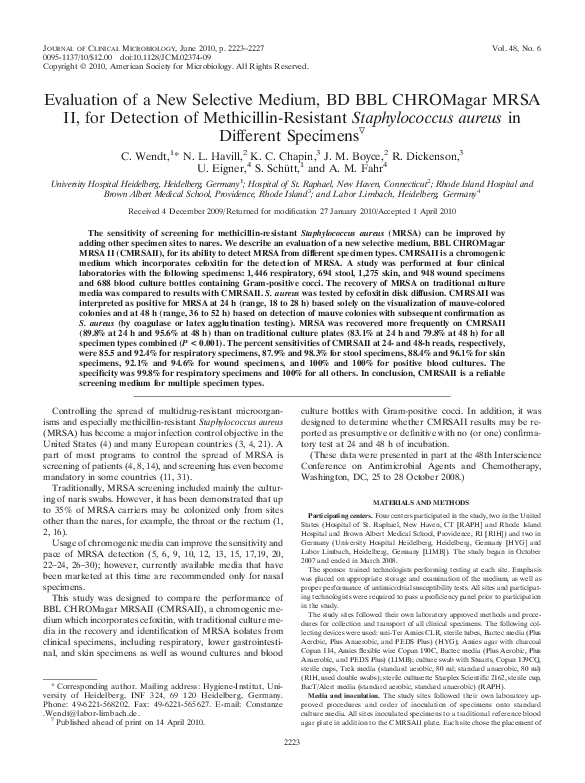 (PDF) Evaluation of a New Selective Medium, BD BBL CHROMagar MRSA II ...