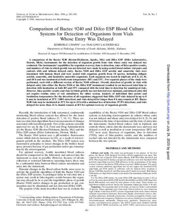 (PDF) Comparison of Bactec 9240 and Difco ESP blood culture systems for ...