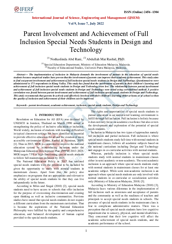 (PDF) Parent Involvement and Achievement of Full Inclusion Special Needs Students in Design and ...