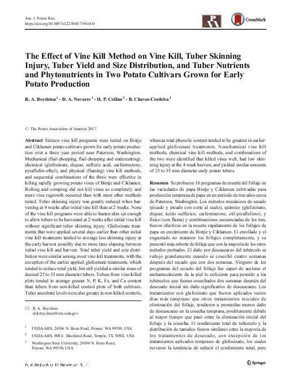 (PDF) The Effect of Vine Kill Method on Vine Kill, Tuber Skinning ...