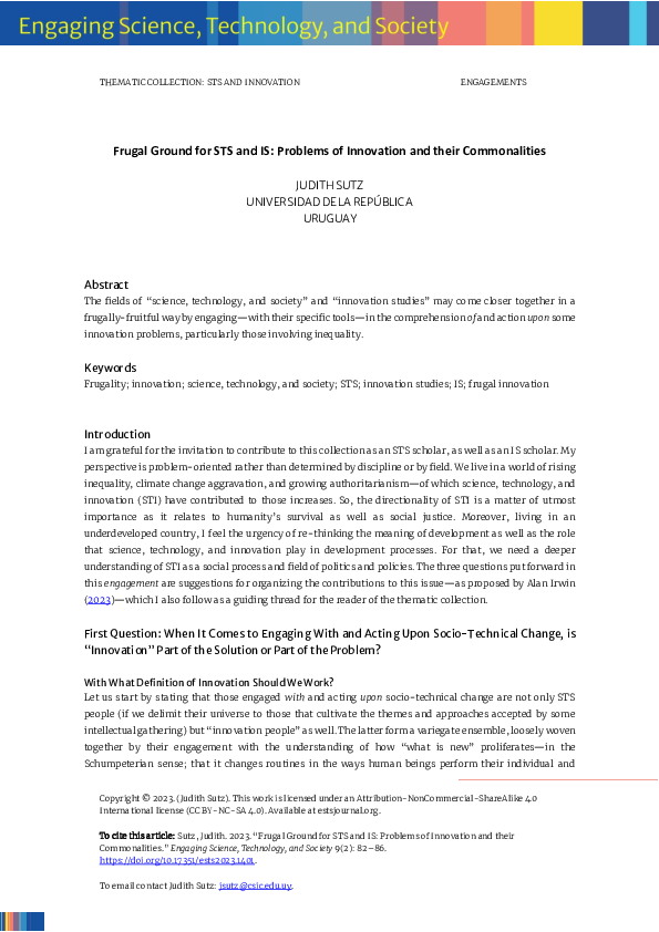(PDF) Frugal Ground for STS and IS: Problems of Innovation and their Commonalities