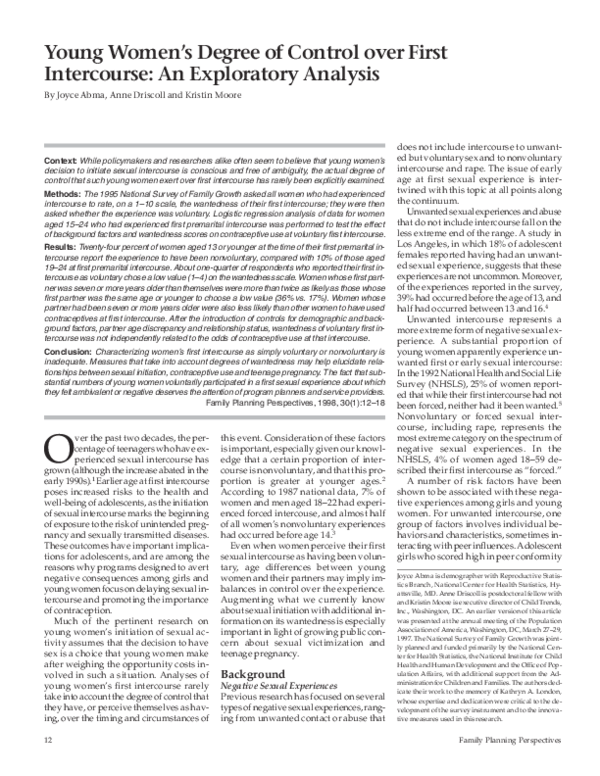 (PDF) Young Women's Degree of Control over First Intercourse: An Exploratory Analysis