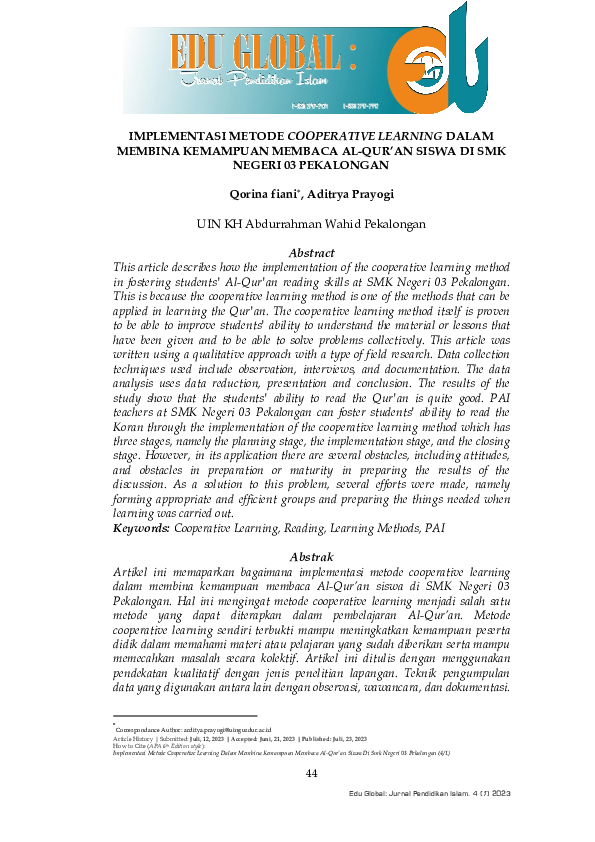 (PDF) Implementasi Metode Cooperative Learning Dalam Membina Kemampuan Membaca Al-Qur’An Siswa ...