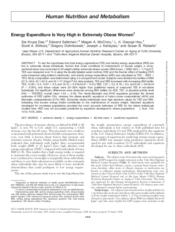 (PDF) Energy Expenditure Is Very High in Extremely Obese Women