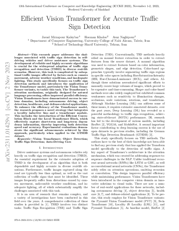 Pdf Efficient Vision Transformer For Accurate Traffic Sign Detection