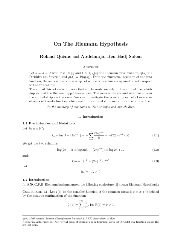 (PDF) On The Riemann Hypothesis