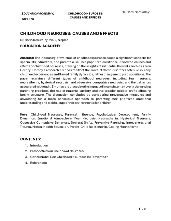 (PDF) CHILDHOOD NEUROSES: CAUSES AND EFFECTS
