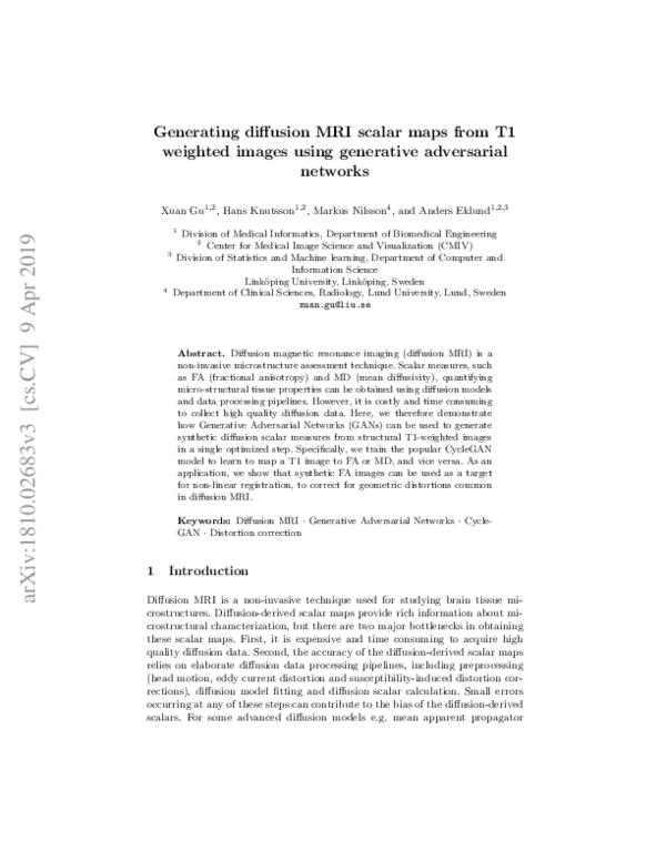 (PDF) Generating Diffusion MRI Scalar Maps from T1 Weighted Images Using Generative Adversarial ...