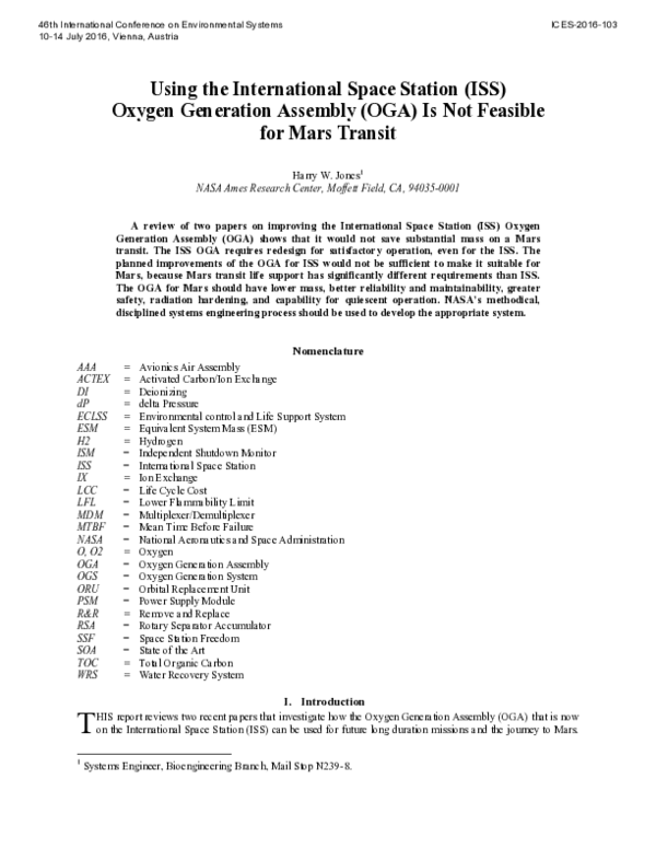 (PDF) Using the International Space Station (ISS) Oxygen Generation ...