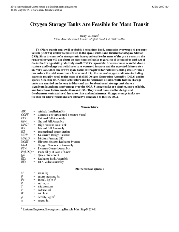 (PDF) Oxygen Storage Tanks Are Feasible for Mars Transit