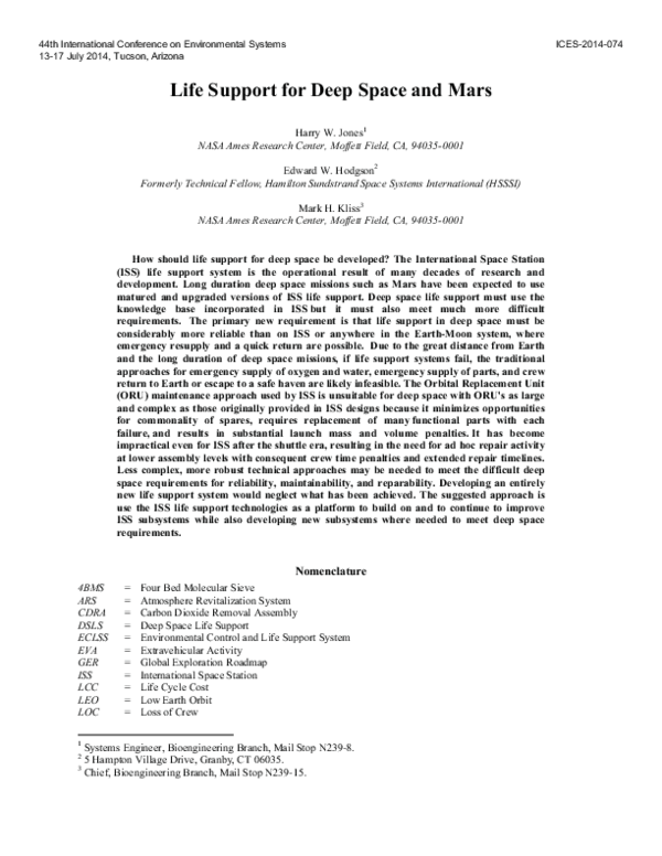 (PDF) Life Support for Deep Space and Mars