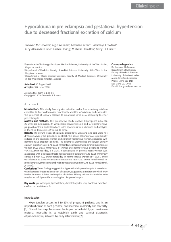 (PDF) Hypocalciuria in pre-eclampsia and gestational hypertension due ...