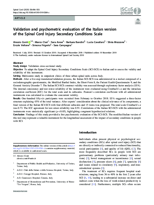 (PDF) Validation and psychometric evaluation of the Italian version of the Spinal Cord Injury ...