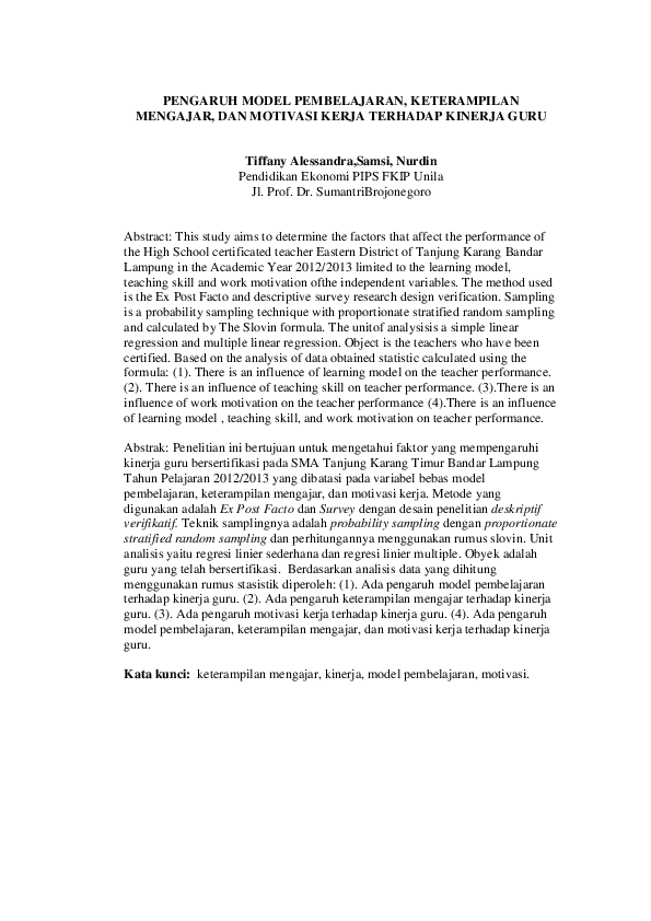 (PDF) Pengaruh Model Pembelajaran, Keterampilan Mengajar, Dan Motivasi Kerja Terhadap Kinerja ...