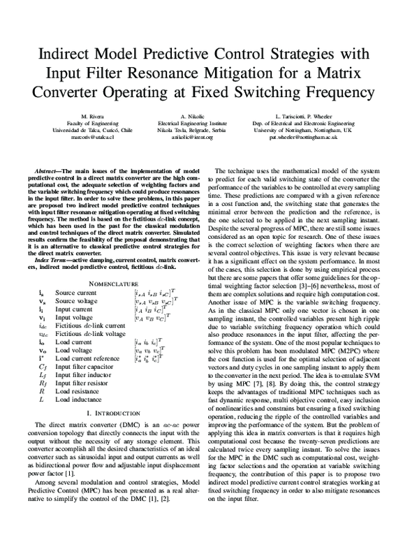 (PDF) Indirect model predictive control strategies with input filter resonance mitigation for a ...