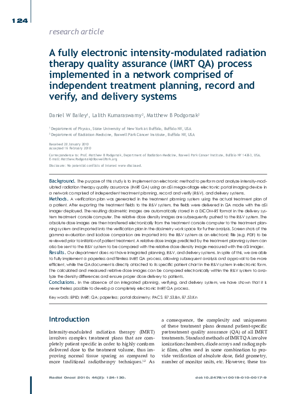 (PDF) A fully electronic intensity-modulated radiation therapy quality assurance (IMRT QA ...