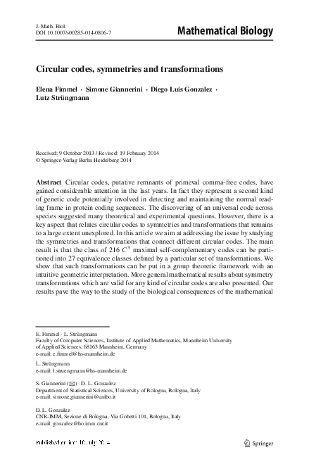 (PDF) Circular codes, symmetries and transformations